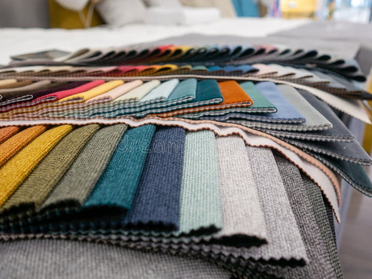 Colorful Fabric Samples on the Table in a Textile Factory. Selective ...