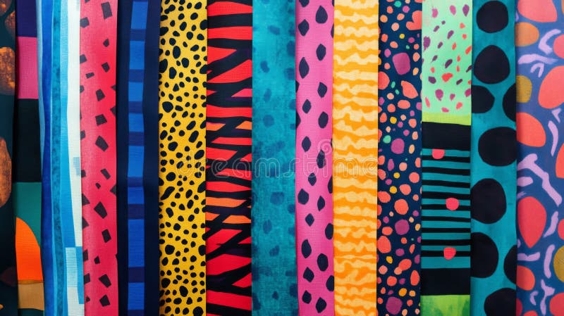 Colorful Fabric Swatches with Vibrant Geometric Patterns Stock ...