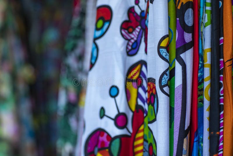 Colorful Fabrics Hanging And Lined. Fabrics With Different Patterns And ...