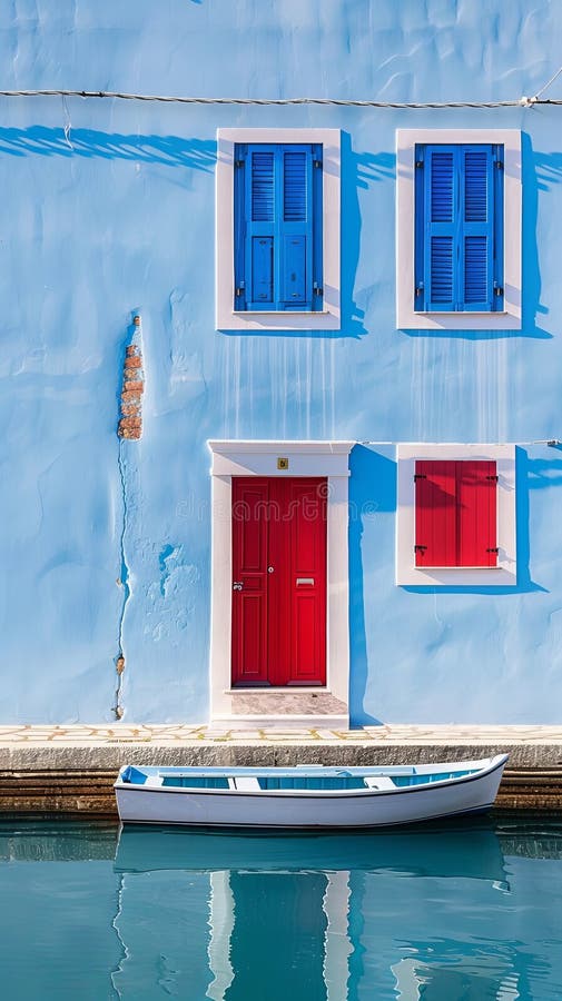 Colorful Facade and Boat Reflection in Serene Canal Setting Stock ...