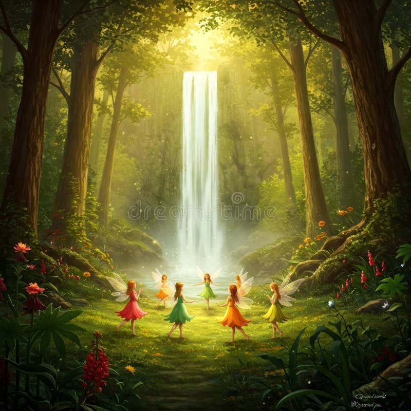 Fairies Dancing in Enchanted Forest with Waterfall and Sunlight Stock ...