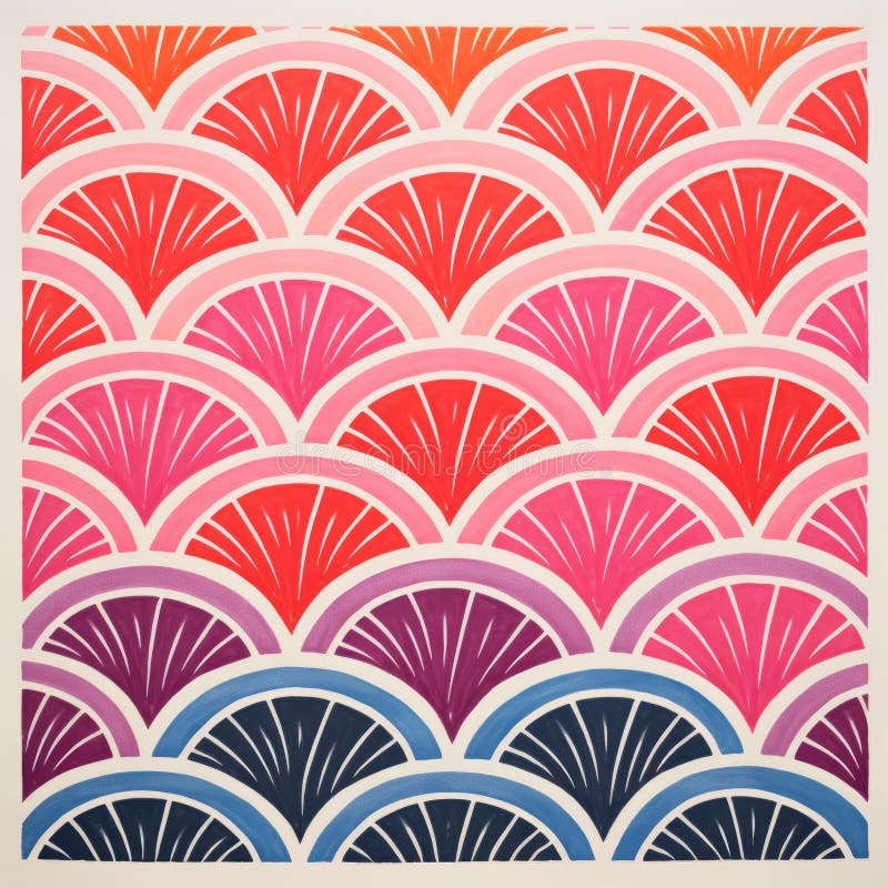 Colorful Fan Pattern: Abstract Woodblock Print Style Tile Design Stock ...