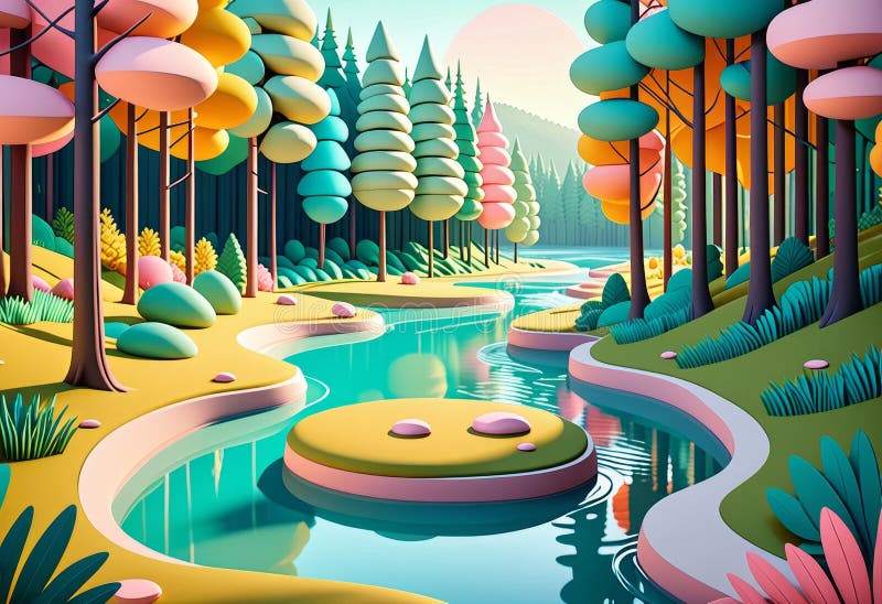 Colorful Fantasy Forest with Serene River and Geometric Trees at Sunset ...