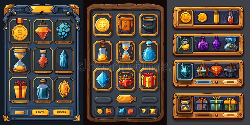 Colorful Fantasy Game Interface Elements with Coins, Gems, and Potions ...