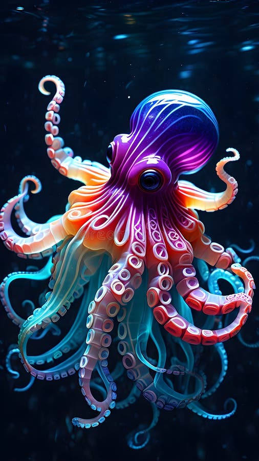 Colorful Fantasy Neon Octopus in Underwater Setting Tentacles and ...