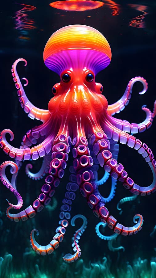 Colorful Fantasy Neon Octopus in Underwater Setting Tentacles and ...
