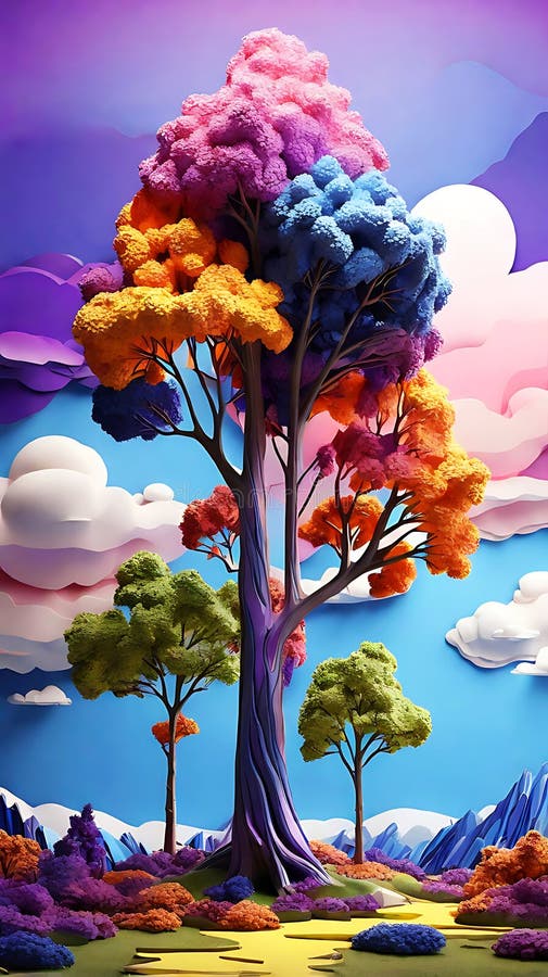 Colorful Fantasy Tree with Split Seasons Aesthetic Stock Illustration ...