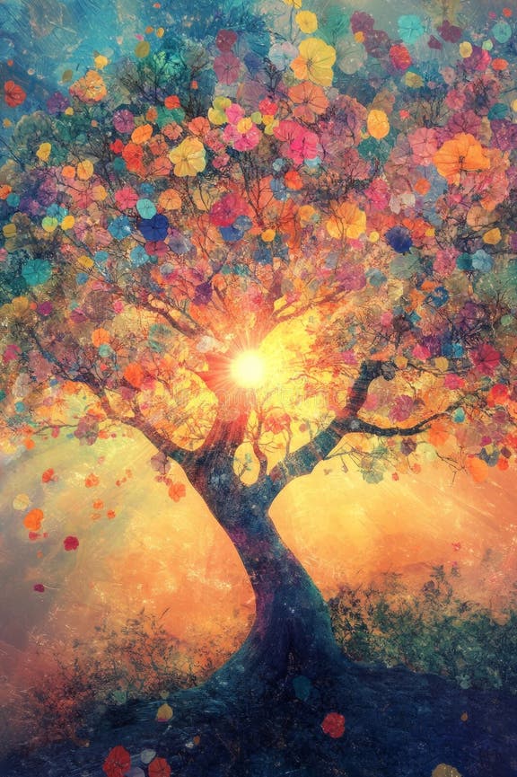 Colorful Fantasy Tree in Sunlight Stock Illustration - Illustration of ...