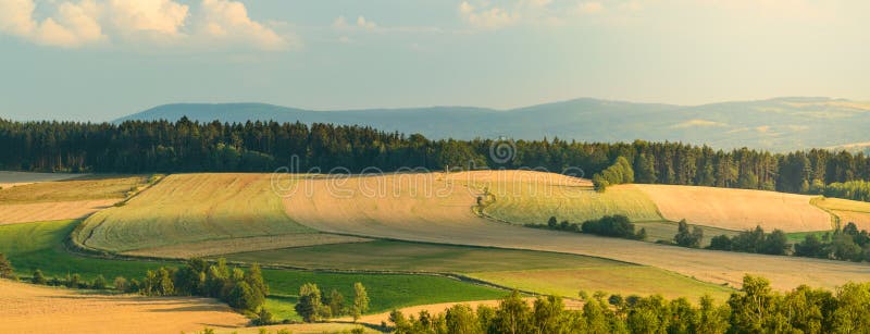Colorful Farmland between Forests in the Mountains Stock Photo - Image ...