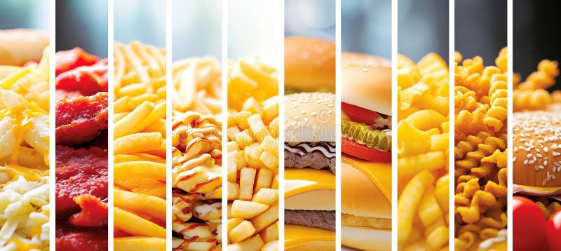 Colorful Fast Food Collage with White Lines, Divided into 7 Segments ...