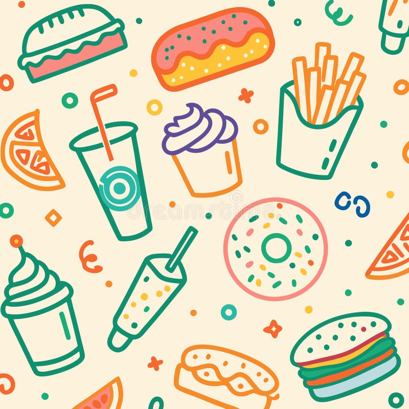 Colorful Fast Food Pattern. (1 Stock Vector - Illustration of fries ...