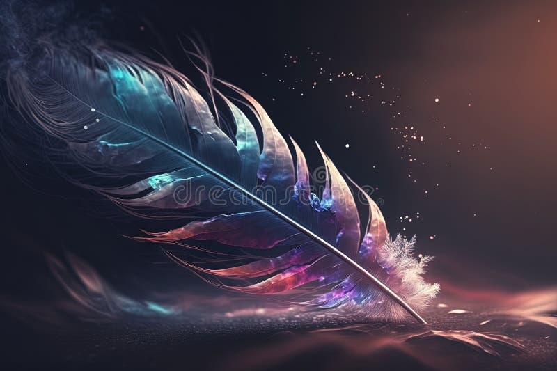 A Colorful Feather is Flying through the Air on a Dark Background with ...