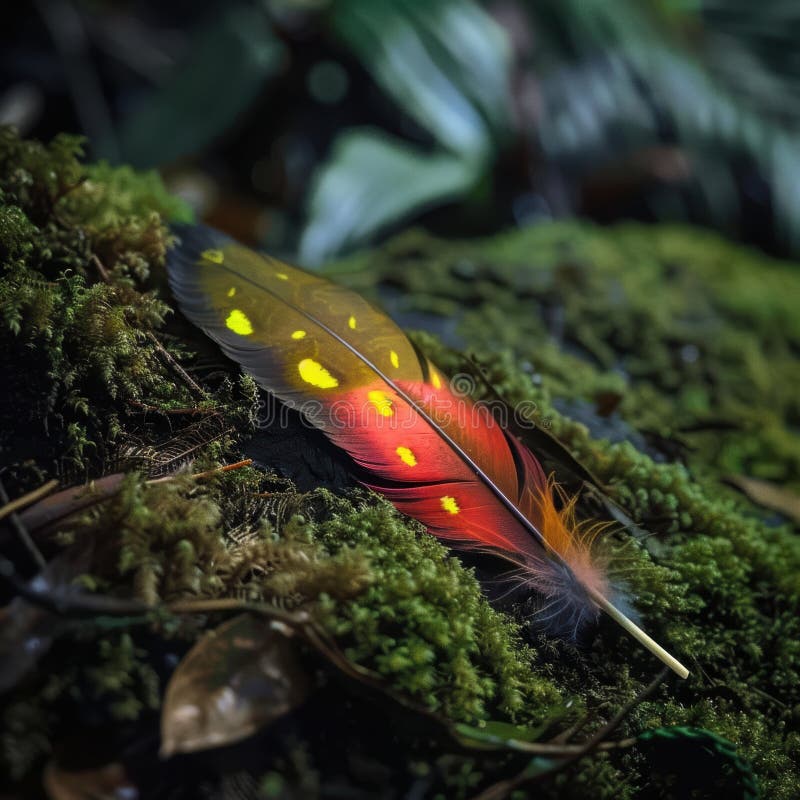 Colorful Feather on Moss-covered Forest Floor Stock Illustration ...