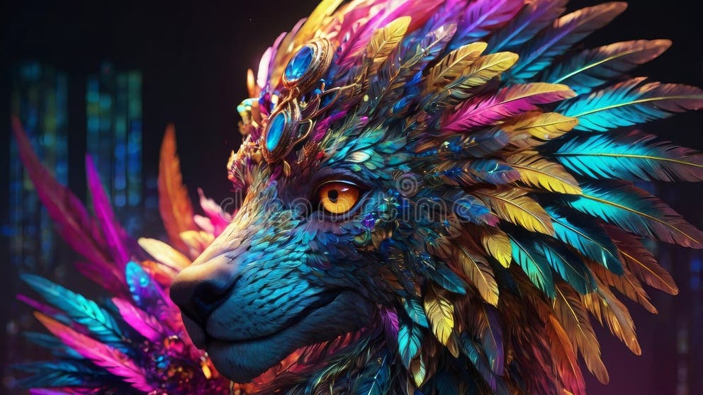 A Colorful Feathered Wolf with Glowing Eyes Stock Illustration ...