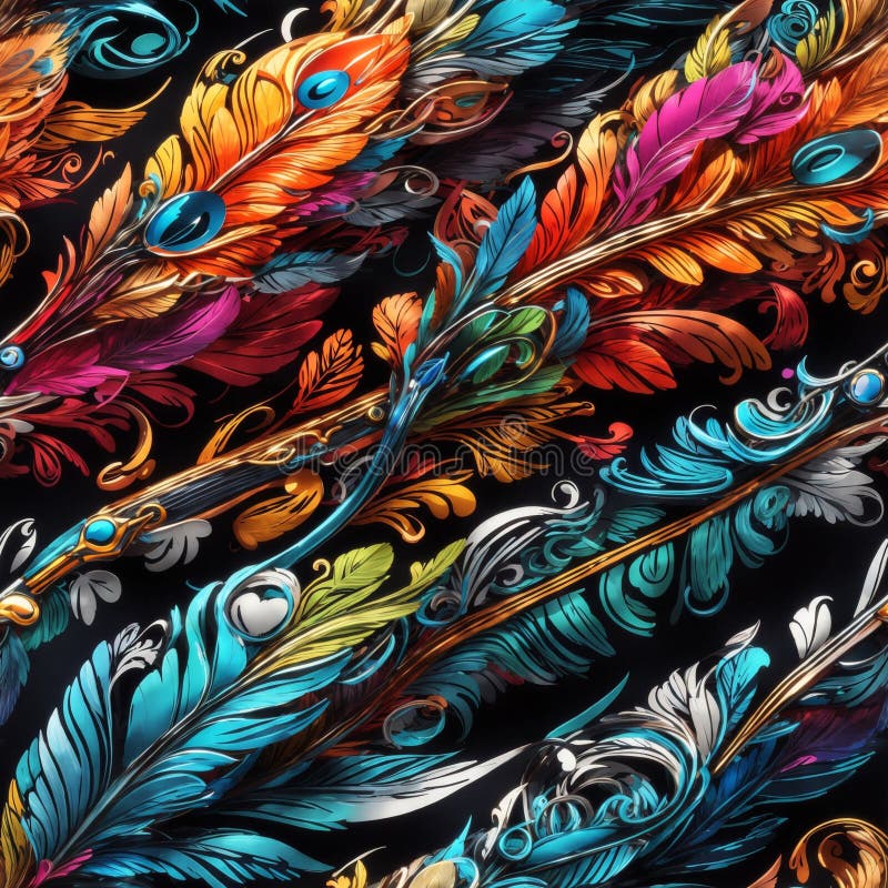 Colorful Feathers Drawing Seamless Pattern Colorful Digital Background ...