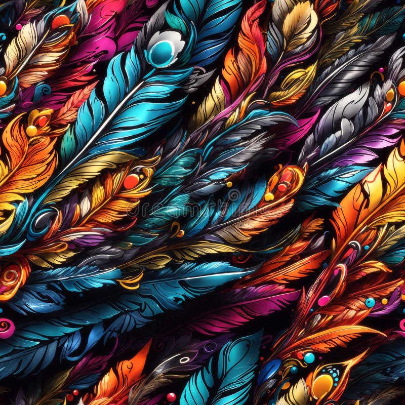 Colorful Feathers Drawing Seamless Pattern Colorful Digital Background ...
