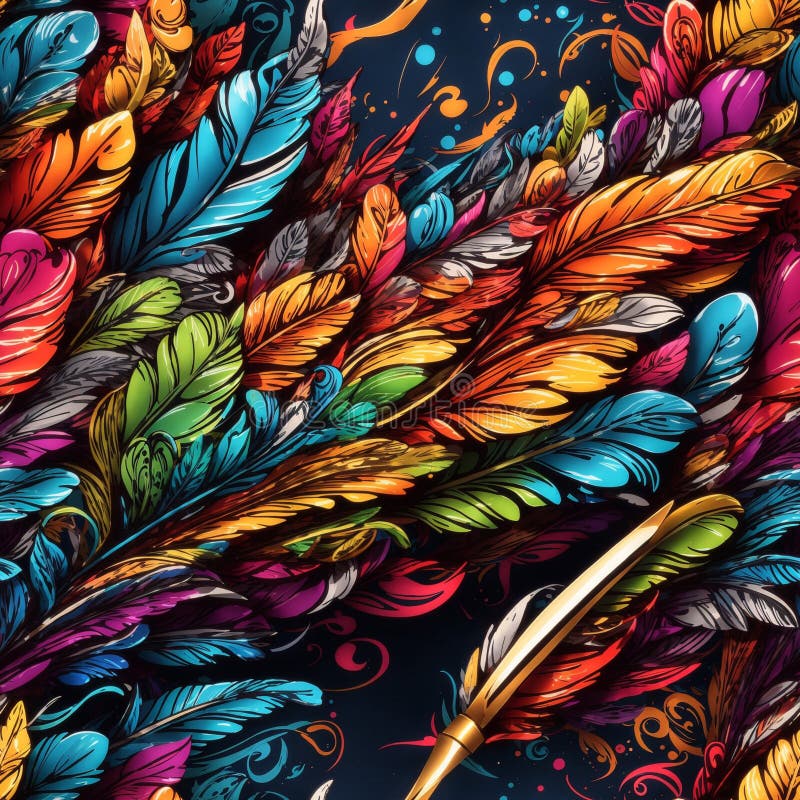 Colorful Feathers Drawing Seamless Pattern Colorful Digital Background ...