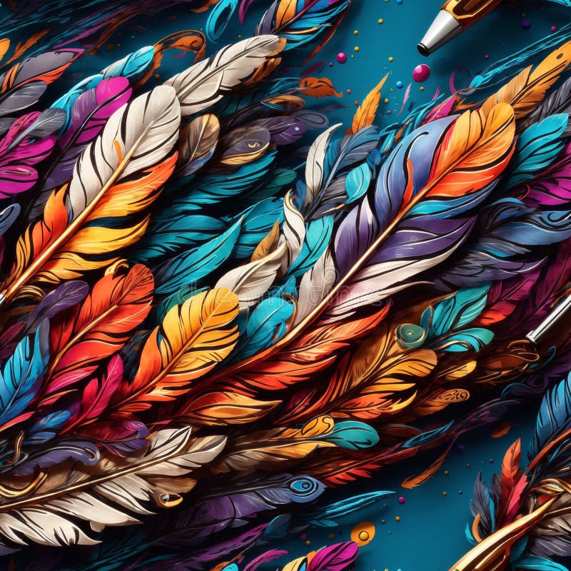 Colorful Feathers Drawing Seamless Pattern Colorful Digital Background ...