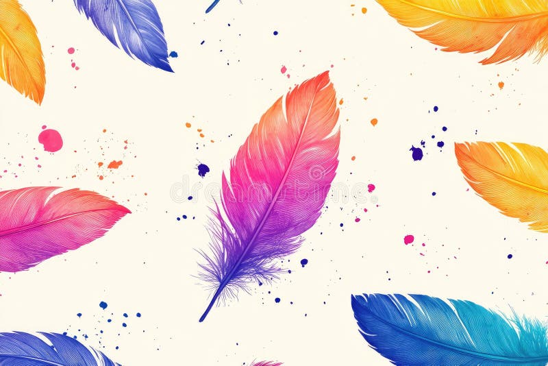 Colorful Feathers Floating on White Background with Paint Splatter ...