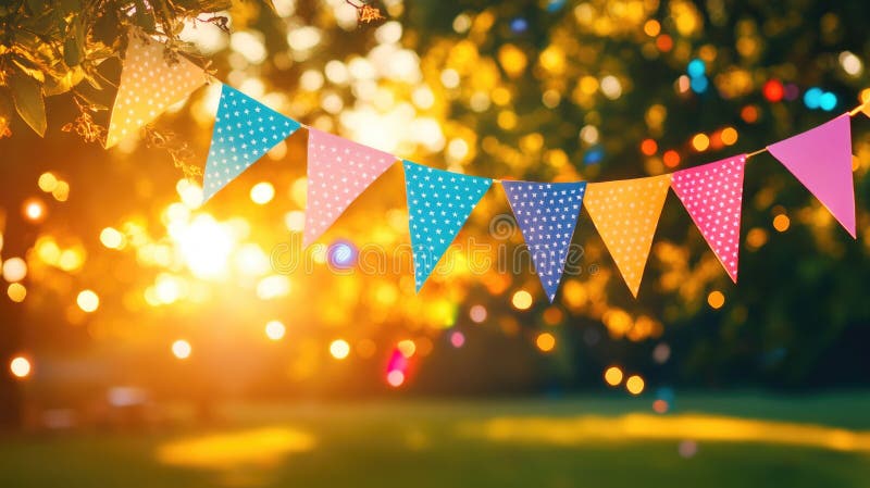 Colorful Festive Bunting Flags in Sunlit Park Setting Stock Image ...