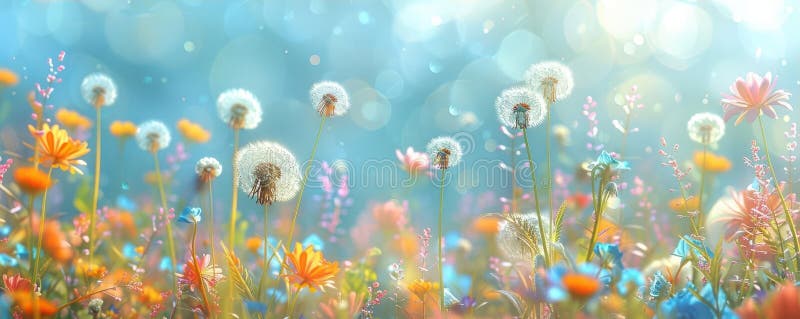 Colorful Field of Dandelions and Flowers in Bright Daylight Stock ...