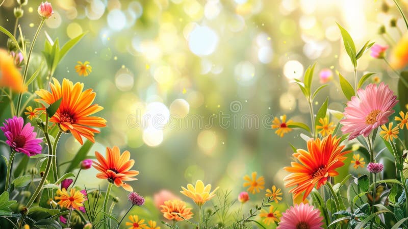 A Colorful Field of Flowers with a Bright Sun Shining Down on Them ...