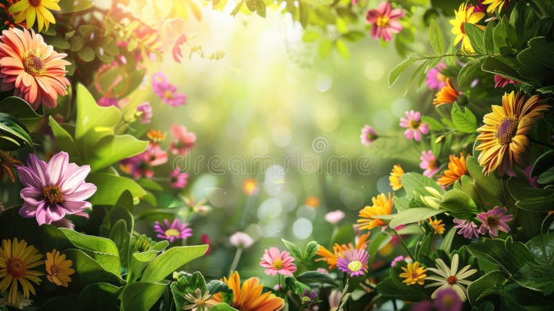 A Colorful Field of Flowers with a Bright Sun Shining Down on Them ...