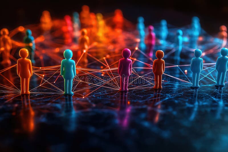 Colorful Figures Connected by Glowing Lines. Diverse People Stand ... Colorful Figures Connected by Glowing Lines. Diverse People Stand ...
