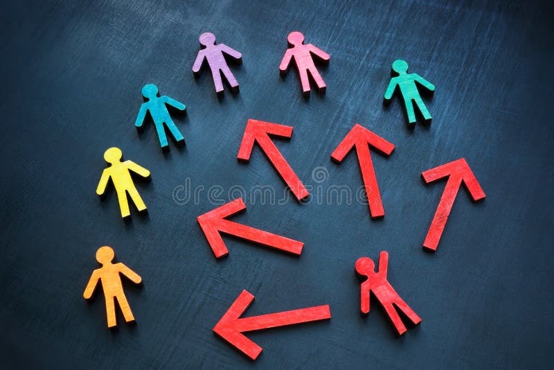 Colorful Figures and Red One with Arrows. Inclusive Communication and ...