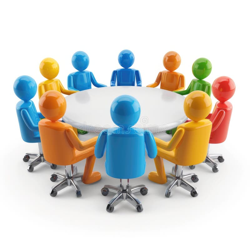 Colorful 3D Figures Around a White Table in a Business Meeting Stock ...