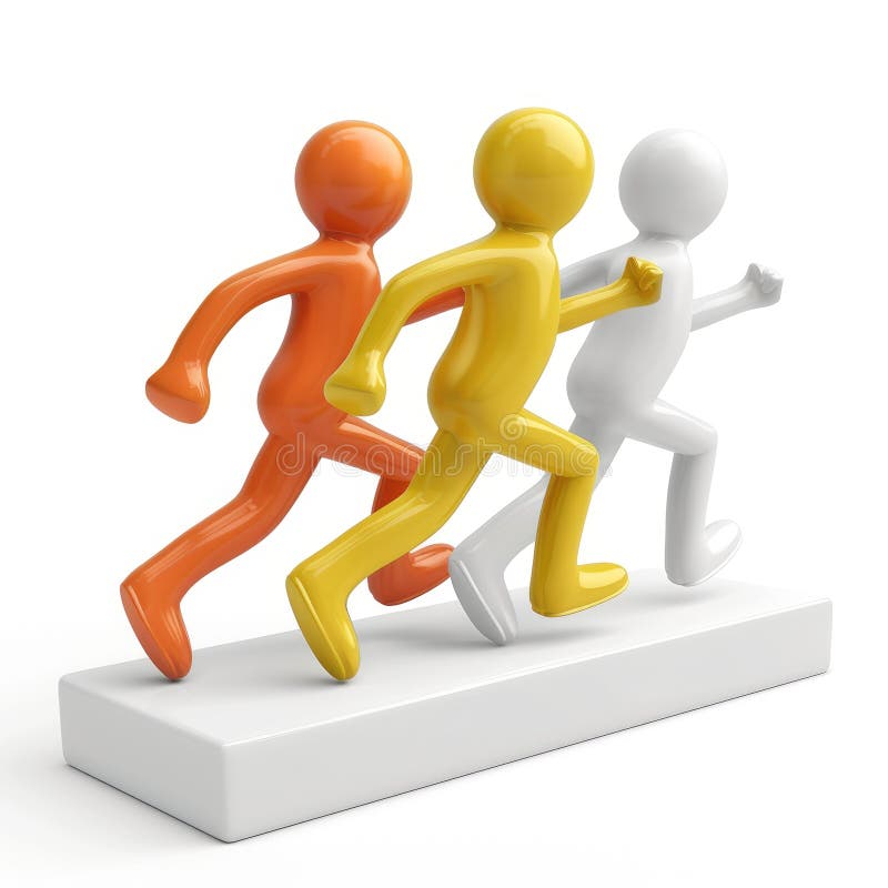 Three Colorful Figures in a Running Race, Reaching the Finish Line ...