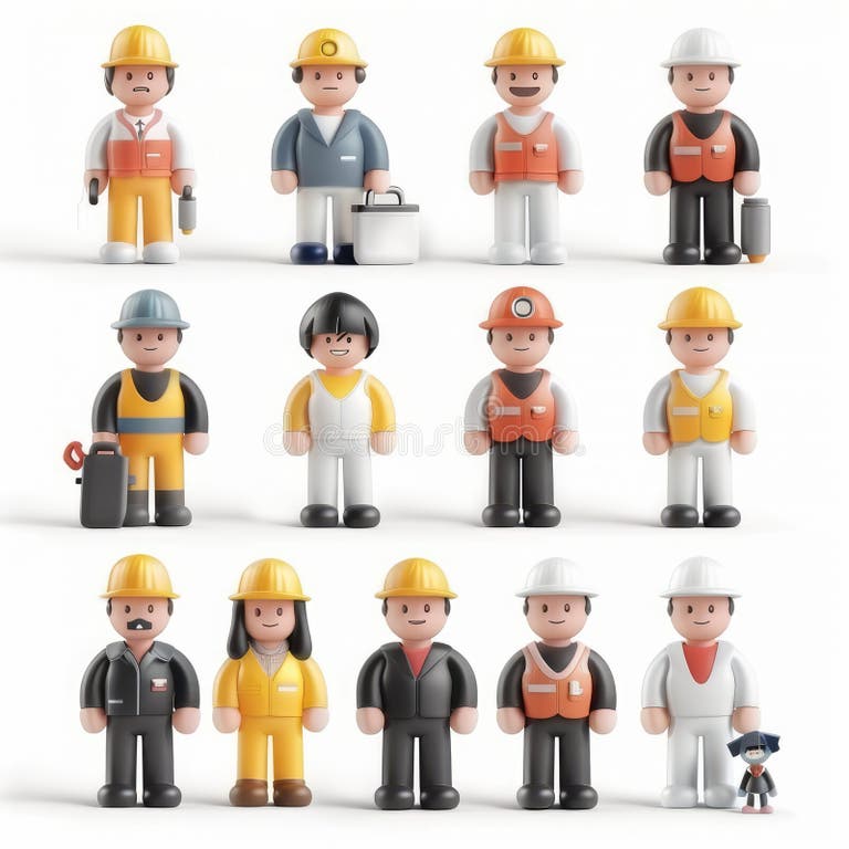 Twelve Construction Worker Figures Diverse Team, 3D Render Stock ...