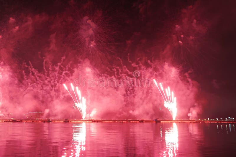 A Colorful Fire Works during a Celebration in the River with Beautiful ...