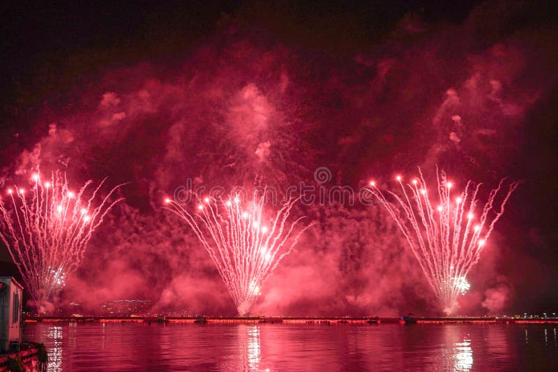 A Colorful Fire Works during a Celebration in the River with Beautiful ...