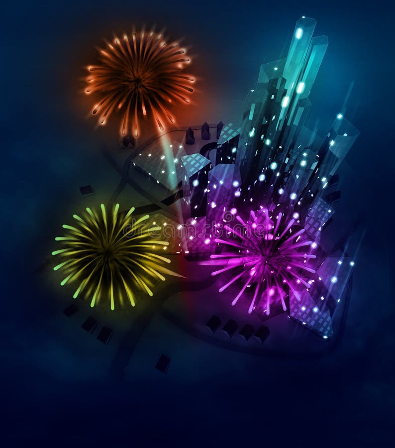 Colorful Firework Celebration Above Modern City Stock Illustration ...