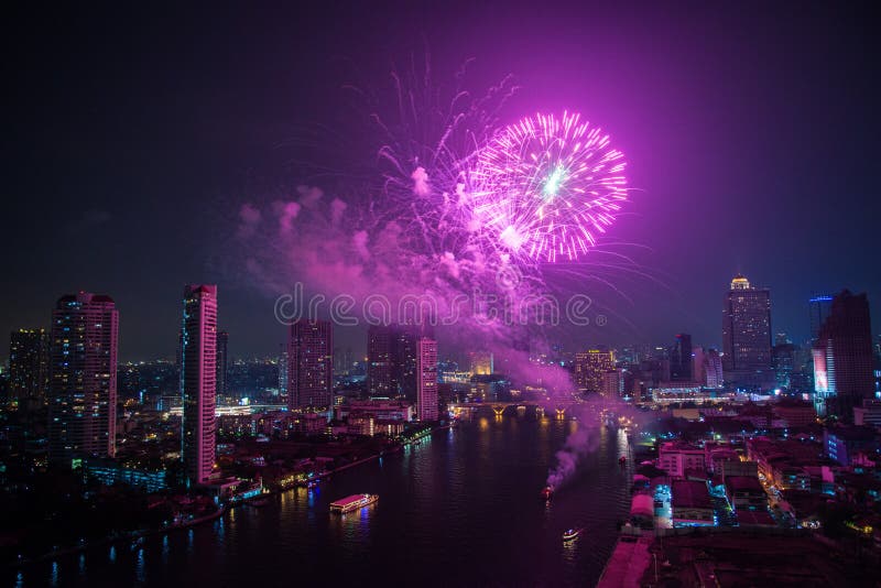 Colorful Firework in a Night Scene by the River Stock Image - Image of ...