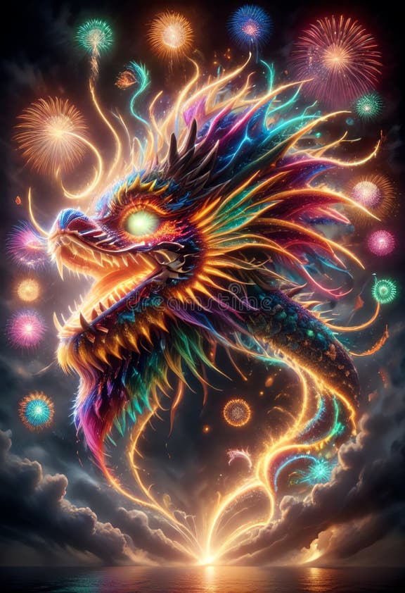 Colorful Firework Party with Dragon Stock Illustration - Illustration ...