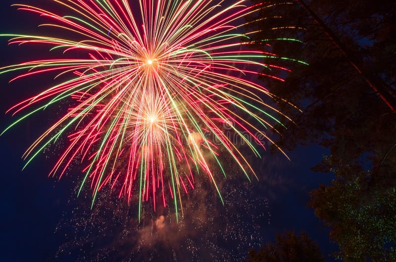 Colorful Fireworks Against the Dark Blue Sky and Trees Stock Photo ...