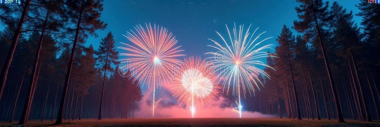 Colorful Fireworks Burst Over Forest at Night Stock Image - Image of ...