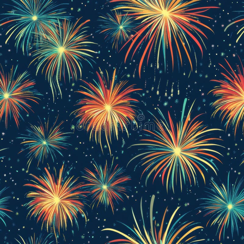 Colorful Fireworks Bursting in a Seamless Festive Pattern Over a Deep ...