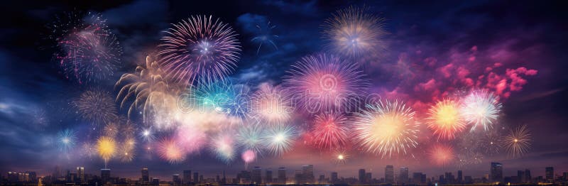 Colorful Fireworks and Celebration Cityscape at Night. Panoramic Banner ...