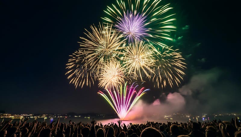 A Colorful Fireworks Display Exploding in the Night Sky, with a Large ...