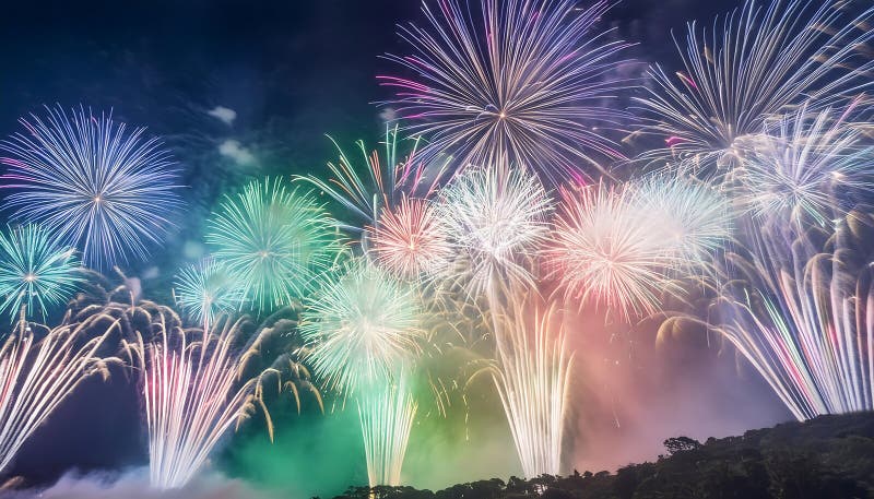 A Colorful Fireworks Display Exploding in the Night Sky, with a Large ...