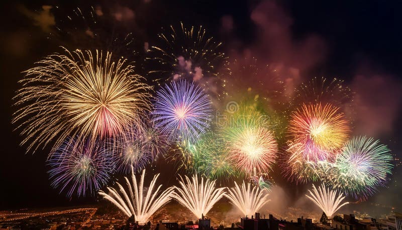 A Colorful Fireworks Display Exploding in the Night Sky, with a Large ...