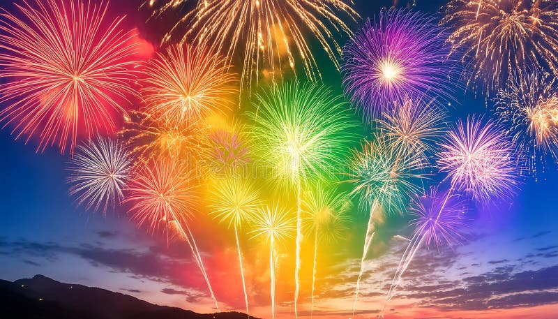 A Colorful Fireworks Display Exploding in the Night Sky, with a Large ...