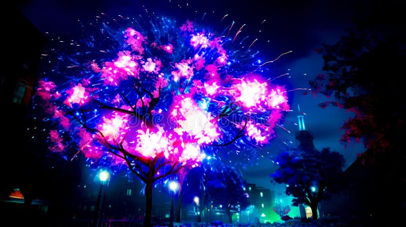 Colorful Fireworks Display in the Night Sky Over Park with Benches and ...