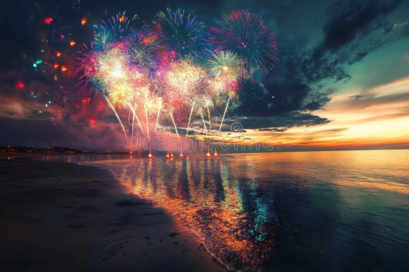 Colorful Fireworks Display Over a Beach at Sunset Stock Illustration ...