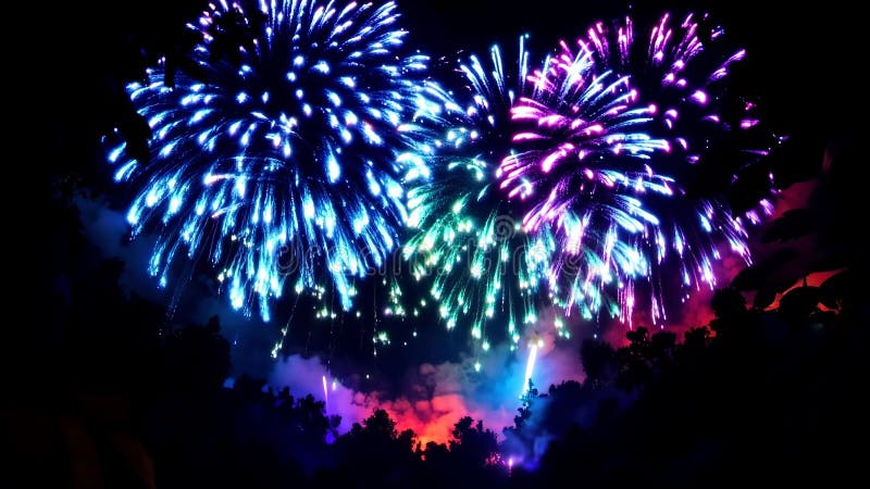Colorful Fireworks Display Over Forest Silhouette at Twilight ...
