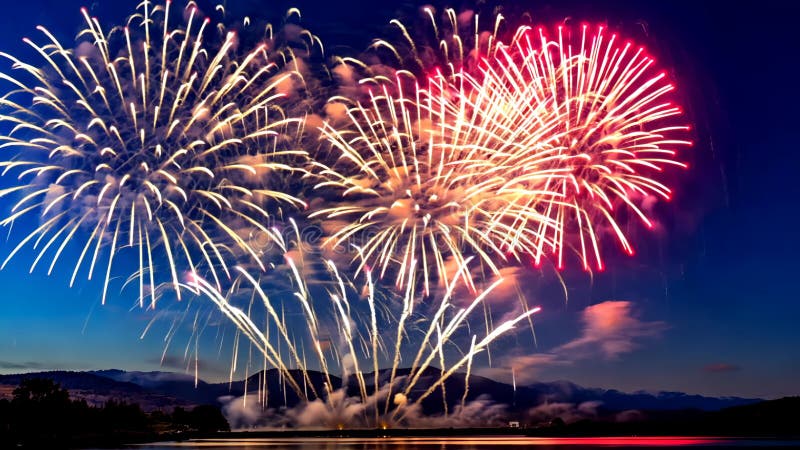 Colorful Fireworks Display Over a Lake at Night with a Mountain ...