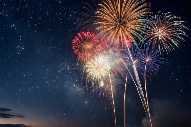 Colorful Fireworks Explode Against a Starry Night Sky Stock ...